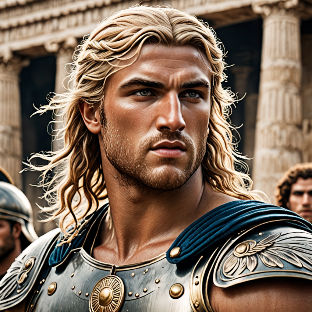 a realistic closeup picture of Blonde Greek warrior Achilles with long hair