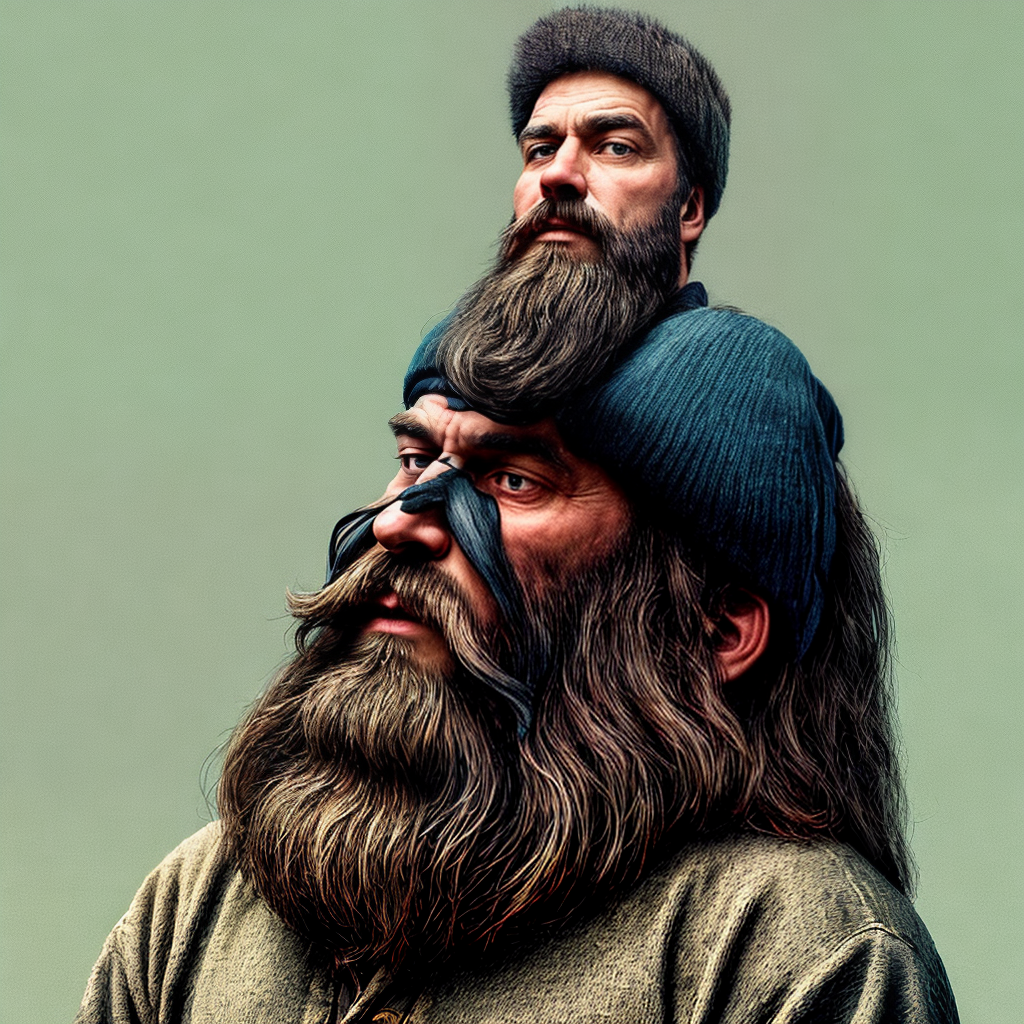 Lumberjack with long dark beard looking down on poor people