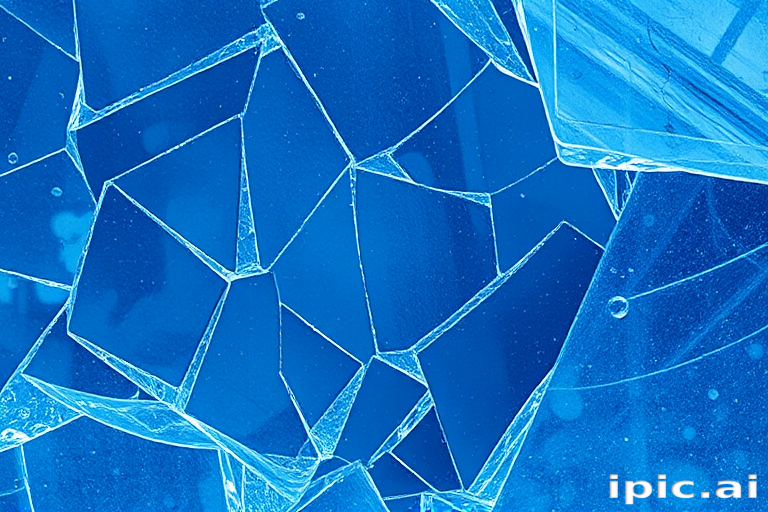 Intricate Patterns of Shattered Glass Reflecting Light in Shades of Blue