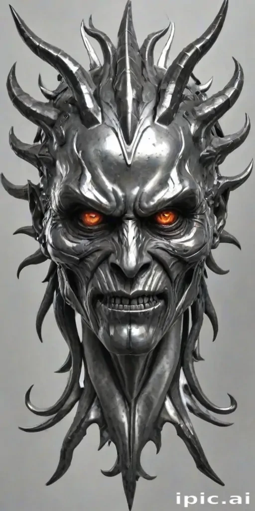 Intricate Metallic Demon Mask with Fiery Eyes and Spiked Features