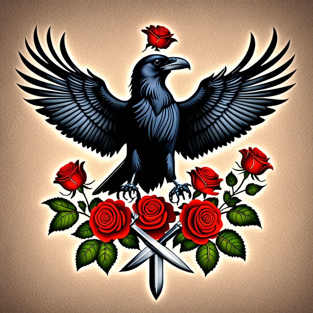 coat of arms, 1 raven, 3 roses, 1sword