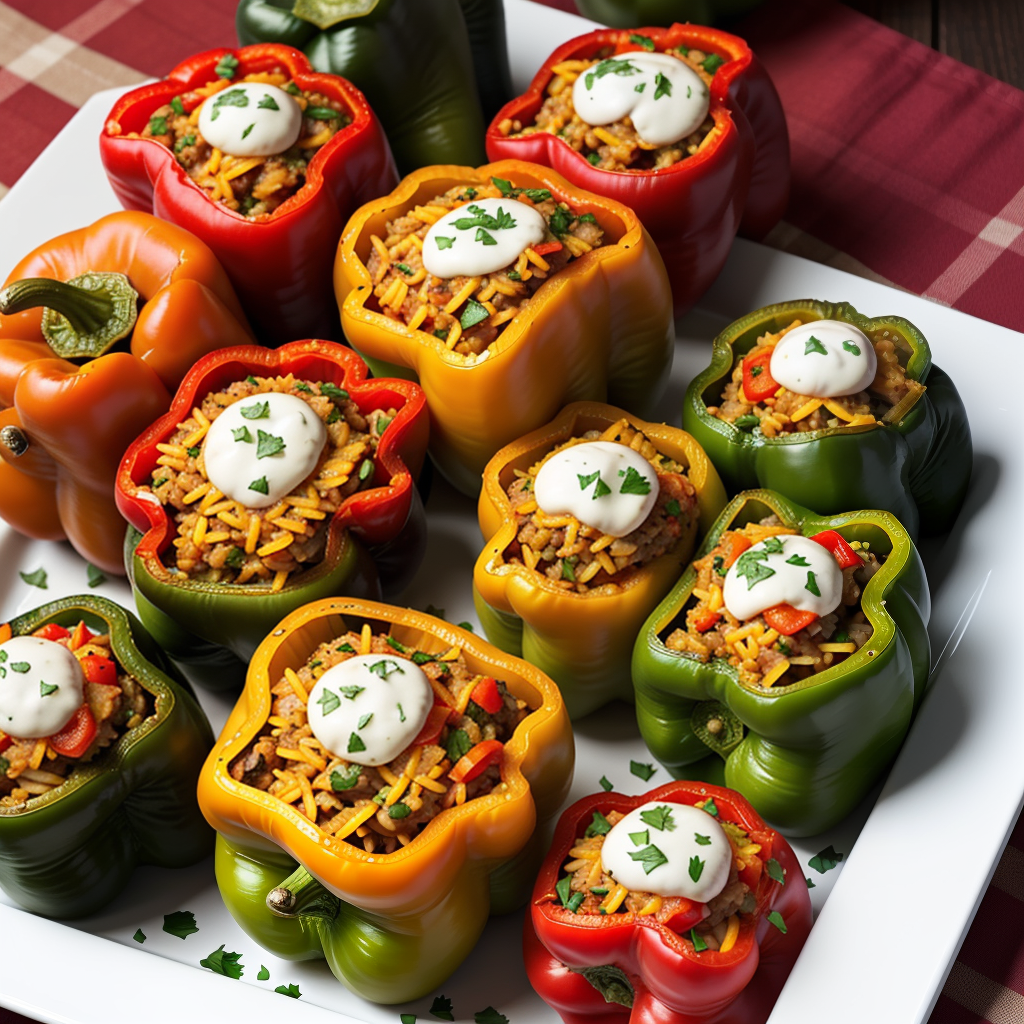 Colorful Stuffed Bell Peppers Loaded with Flavorful Rice and Cheese Topping