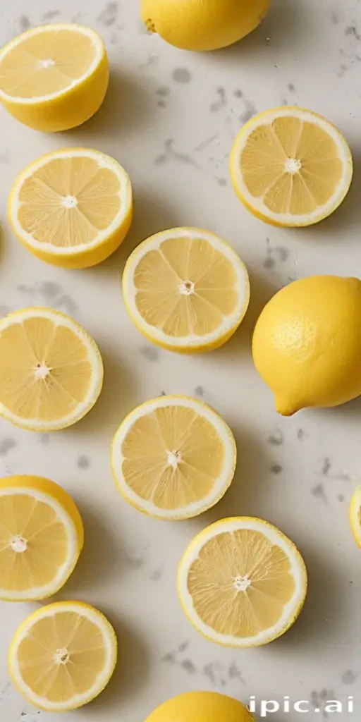 Vibrant Yellow Lemons Sliced and Arranged on a Light Surface Background.