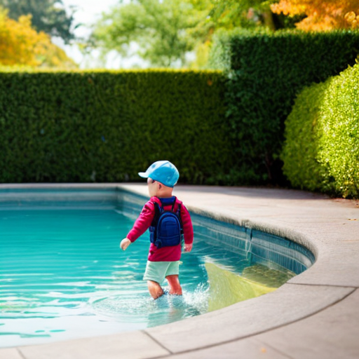 a beautiful baby is waking on the dive of the empty pool and the ...