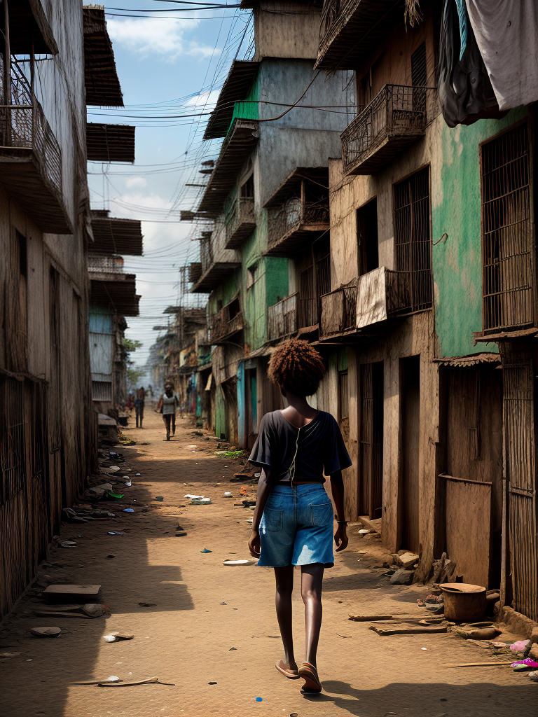 Black girl walking slum brazil Realistic image