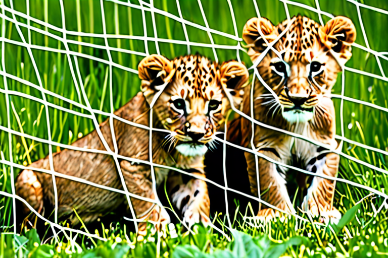 Three lion cubs in a net