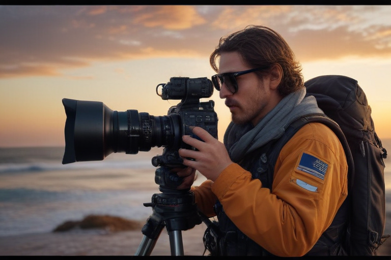 Passionate Photographer Capturing Stunning Sunset Moments on the Beach