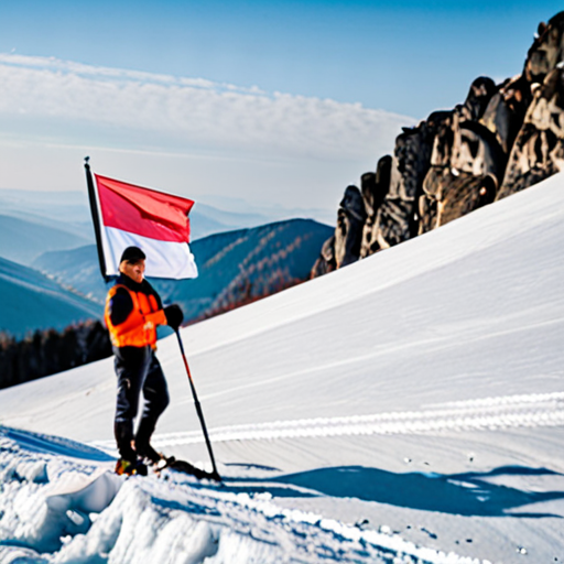 a freezing person with polish flag on the mountain