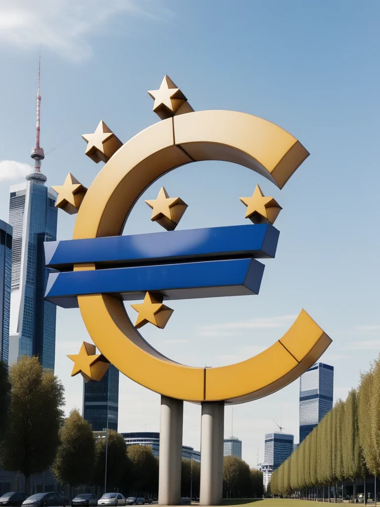 Large Euro Symbol Monument in Urban Landscape with Modern Skyscrapers