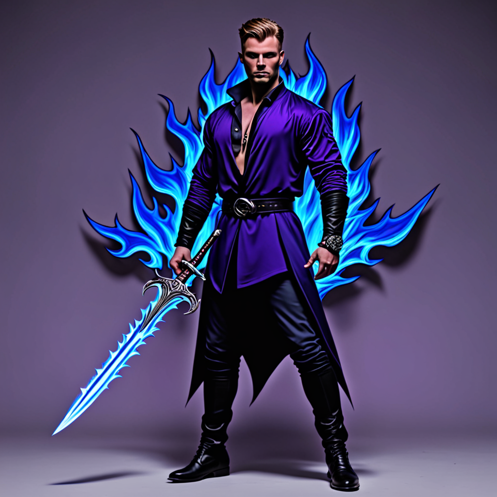 powerful guy with a dagger and blue-purple flames around him