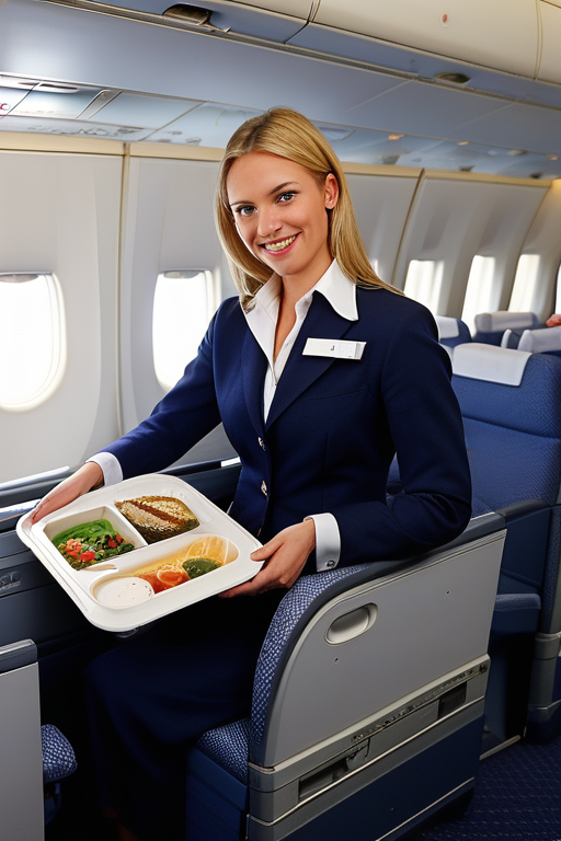 Friendly Flight Attendant Serving a Delicious In-Flight Meal to Passengers