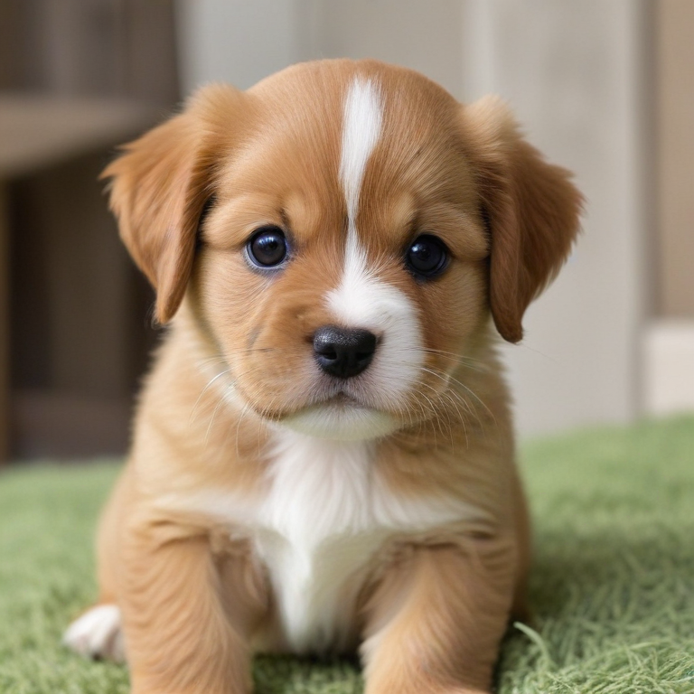Adorable Brown and White Puppy Sitting Cutely on a Soft Green Blanket.