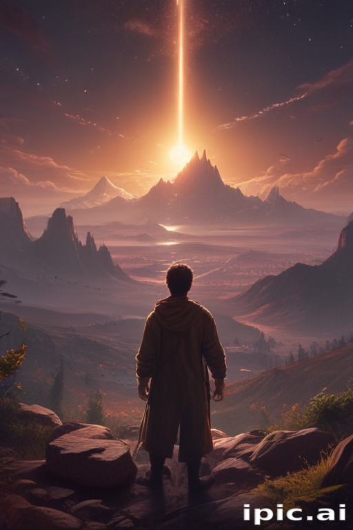 A Journey Into the Unknown: A Figure Stands Before an Epic Sunset