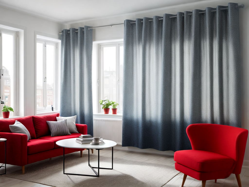 Scandinavian interior, Ikea, blackout curtain, red round rug