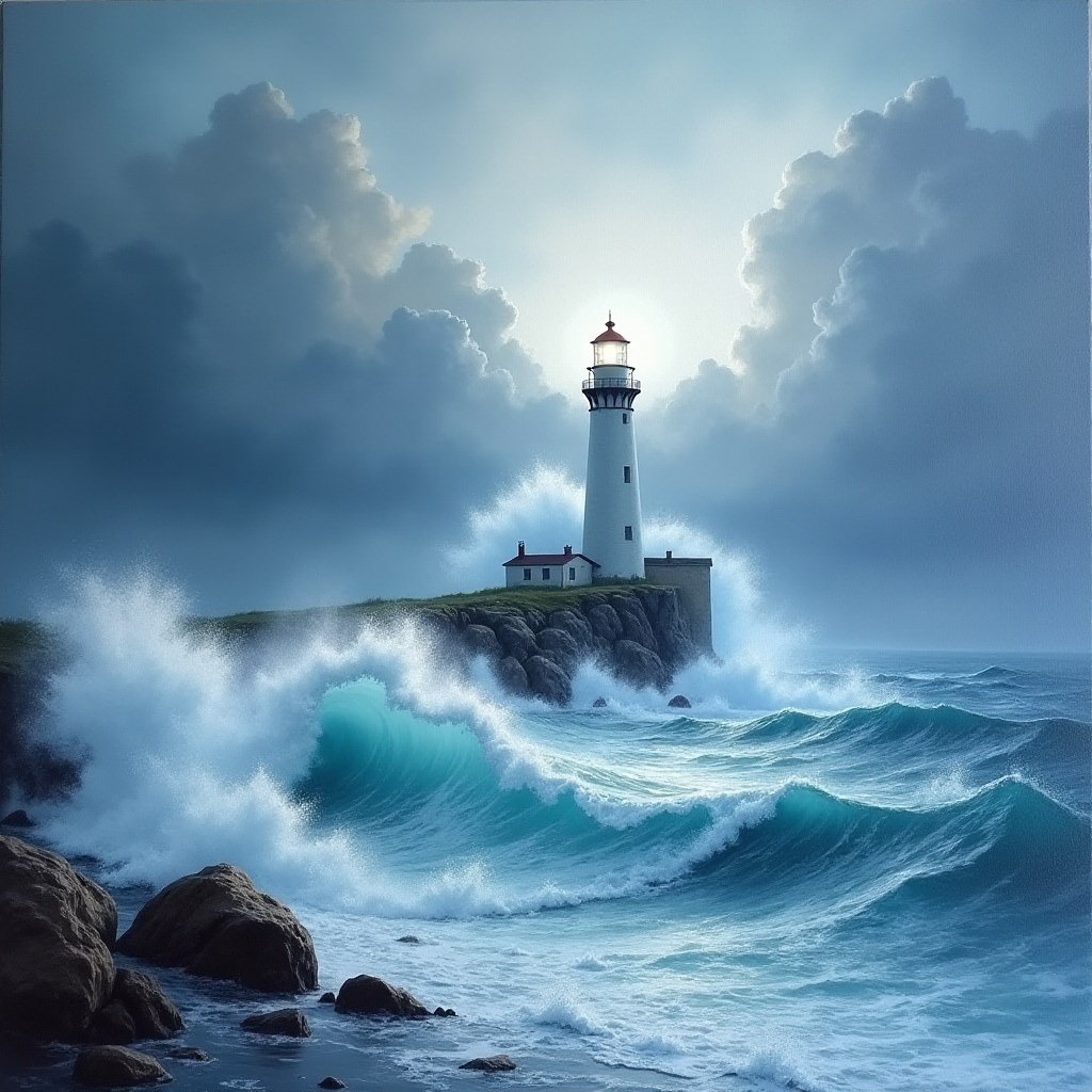A Majestic Lighthouse Standing Tall Against Powerful Waves and Stormy Skies