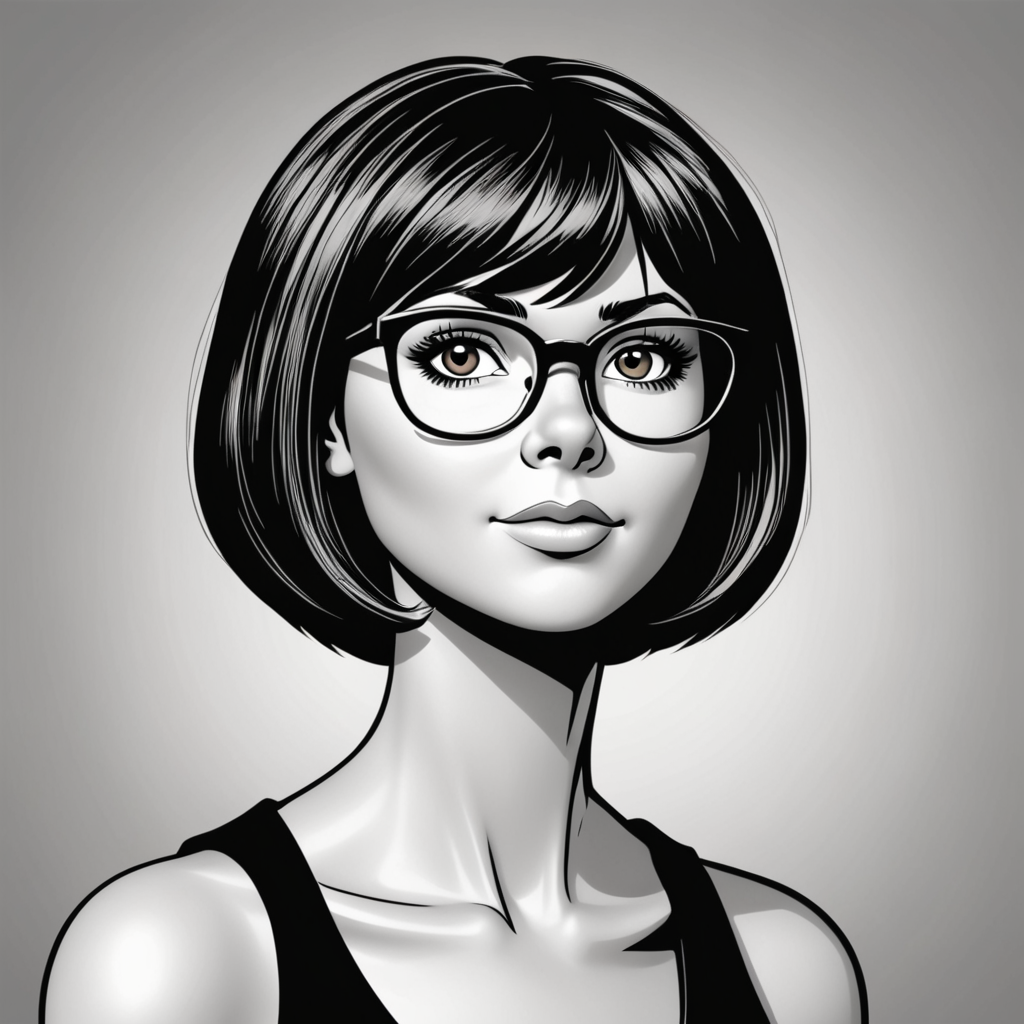 Velma Dinkley fron cartoon Scooby-Doo line art. Profile view.