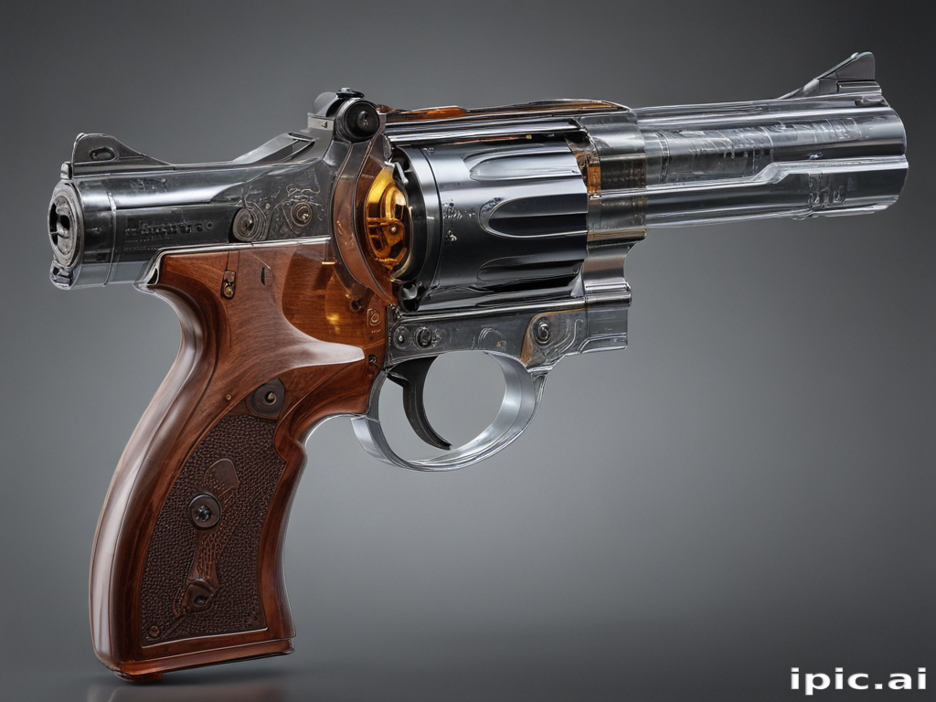 Elegant Revolver Design Featuring a Clear Chamber and Wooden Grip