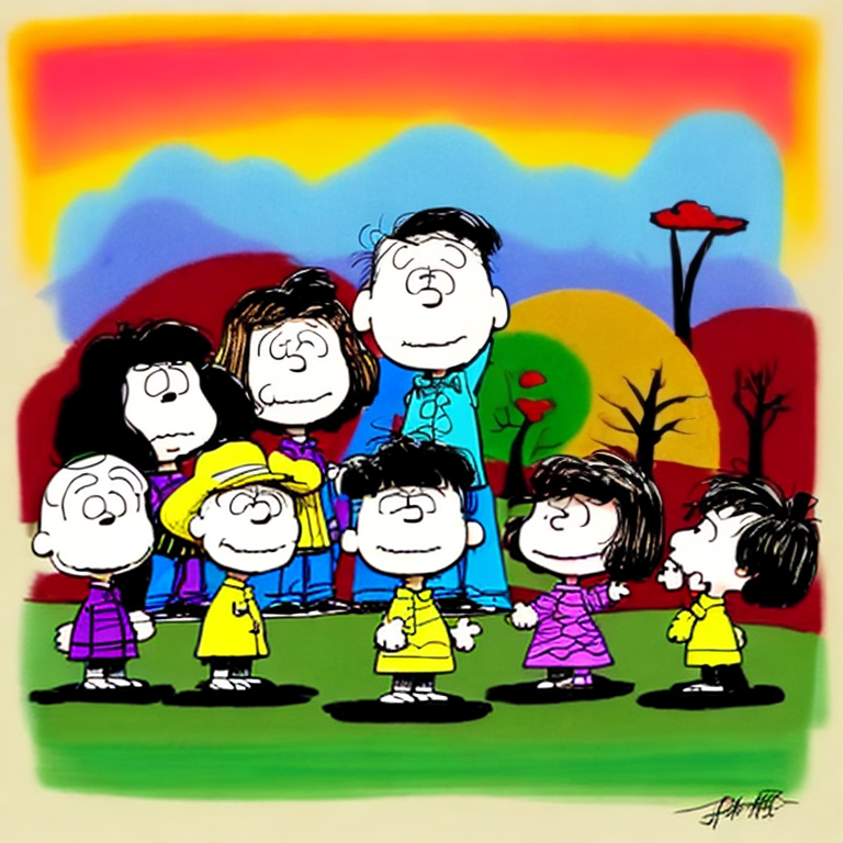 A cartoon drawing in the style of Peanuts of a rock and roll band.