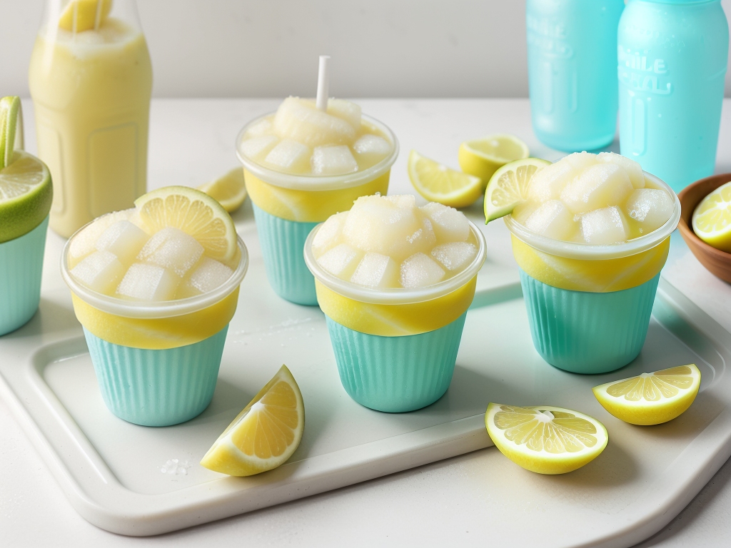 Refreshing Summer Lemonade Slushies Served in Colorful Cups with Garnishes.