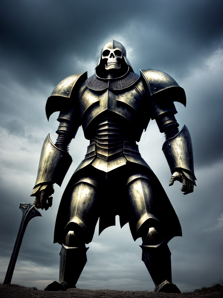 Giant gloomy skeleton with robust and colossal medieval armor on dark ...