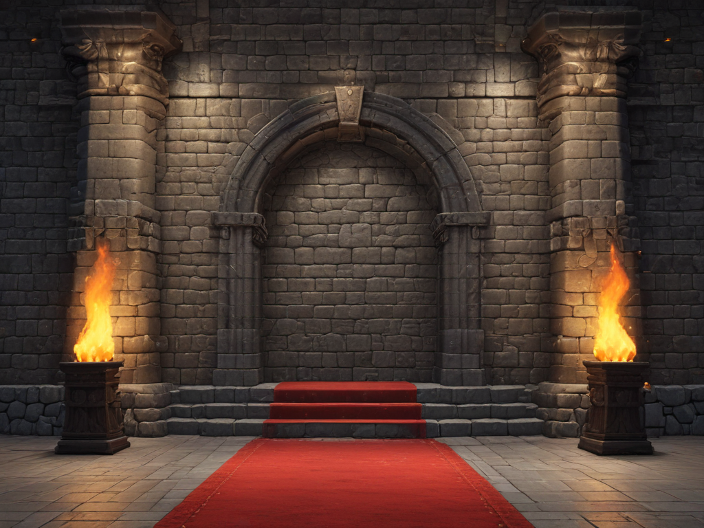 a pixel art of a castle throne room with stone brick walls, torches ...