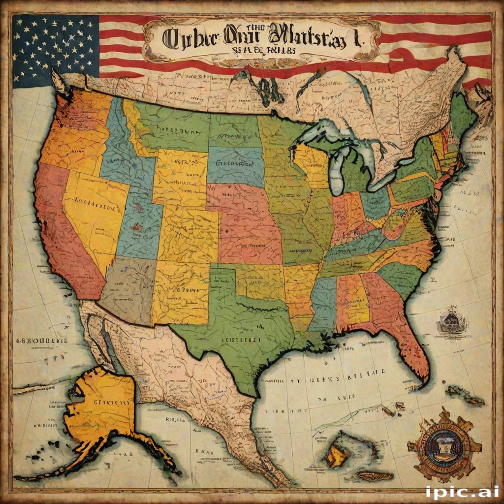 Vintage Map of the United States with State Borders and Historical Details