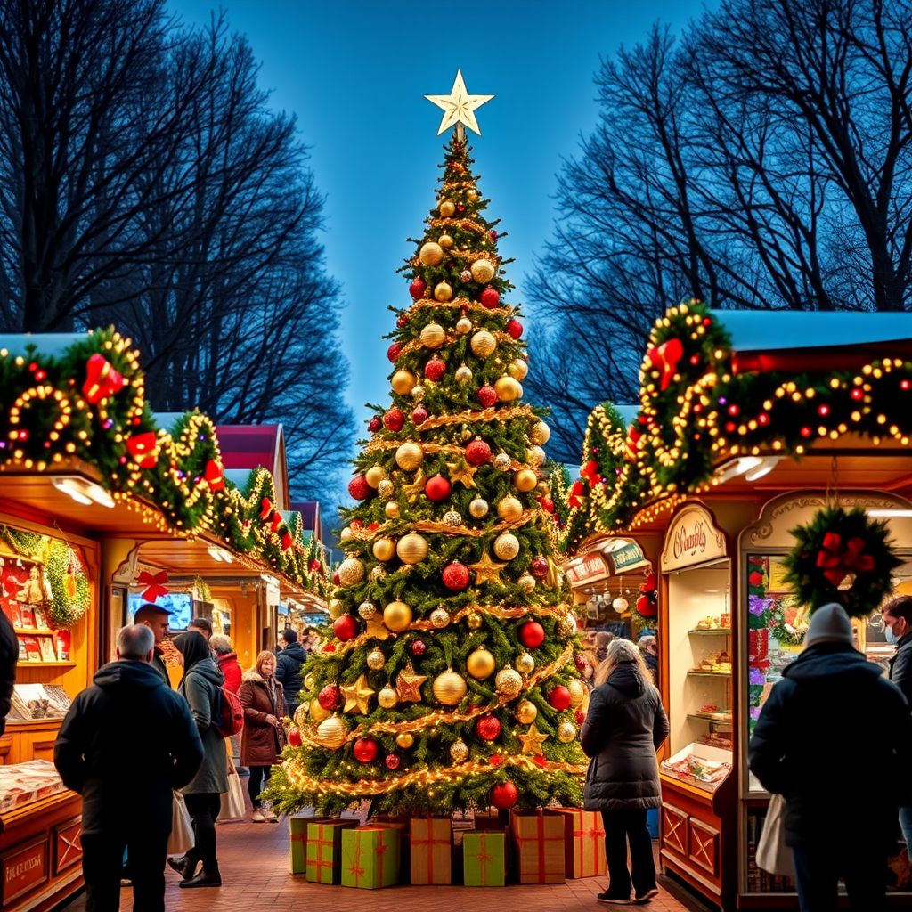 Enchanting Christmas Market Scene Featuring a Majestic Decorated ...