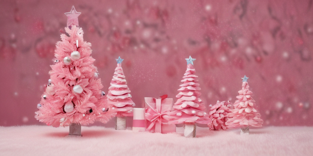 Charming Pink Christmas Scene with Adorable Trees and Festive Gifts