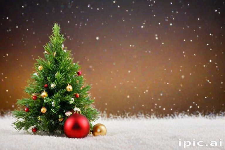 Festive Christmas Tree Decorated with Ornaments Against a Snowy Background