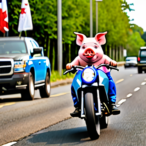 pig riding a moterbike