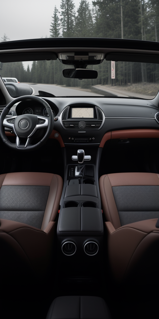 Stylish Interior of a Modern Car Driving Through a Scenic Forest Road