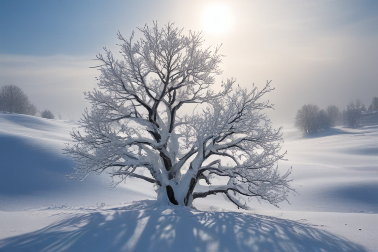 A Majestic Tree Covered in Snow Under a Bright Winter Sun.