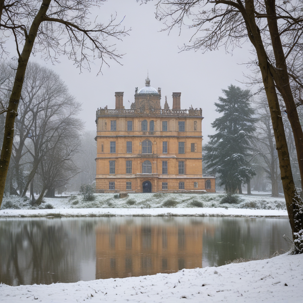 wollaton hall background, winter, snowing,