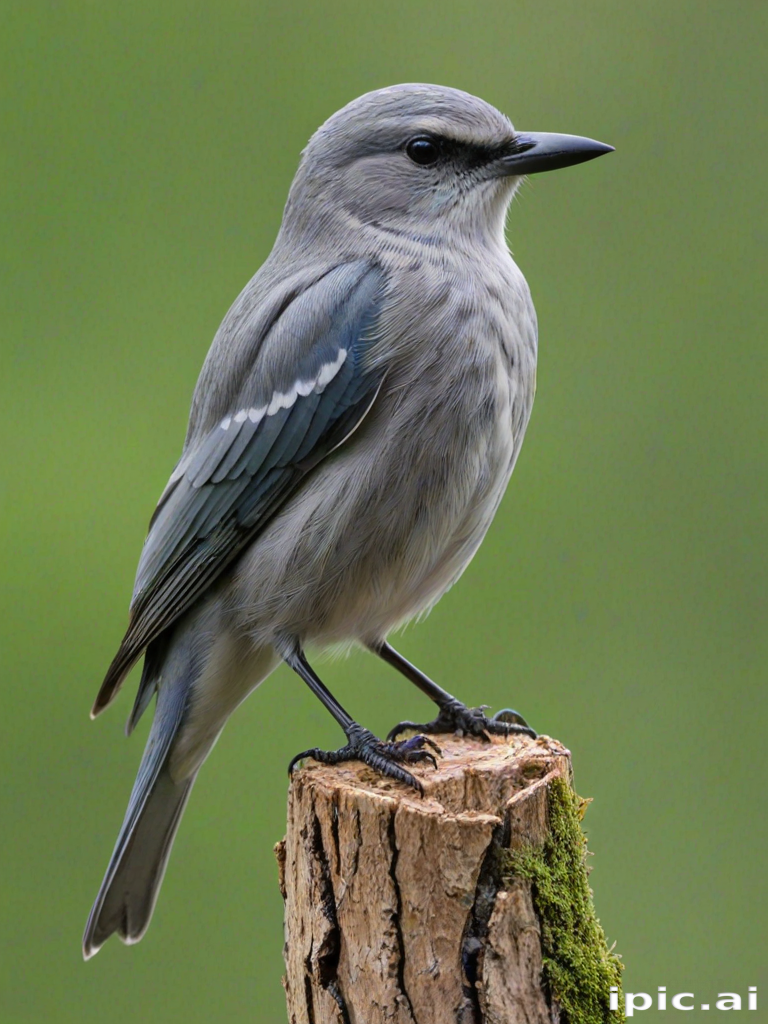 A Beautiful Gray Bird Perched on a Mossy Wooden Post in Nature.