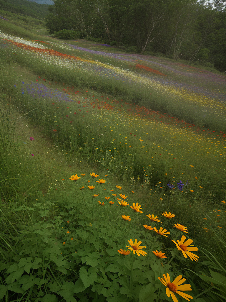 A Vibrant Meadow Filled with Colorful Wildflowers and Lush Greenery