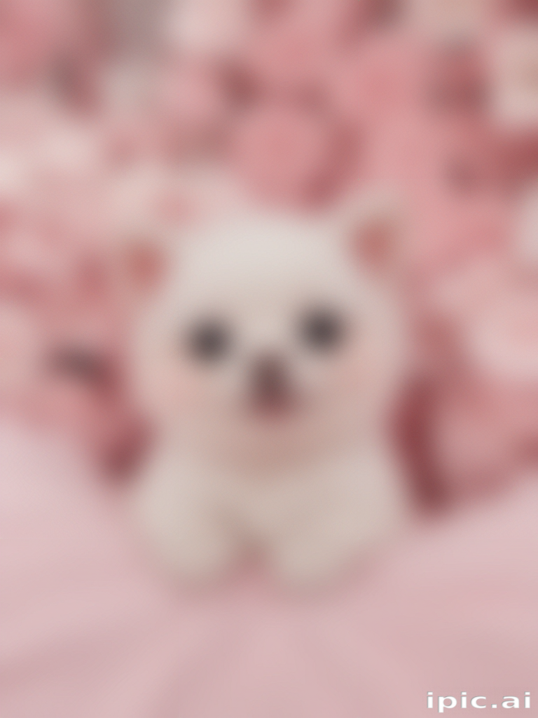 Adorable Fluffy Puppy Surrounded by Soft Pink Flowers and Background.