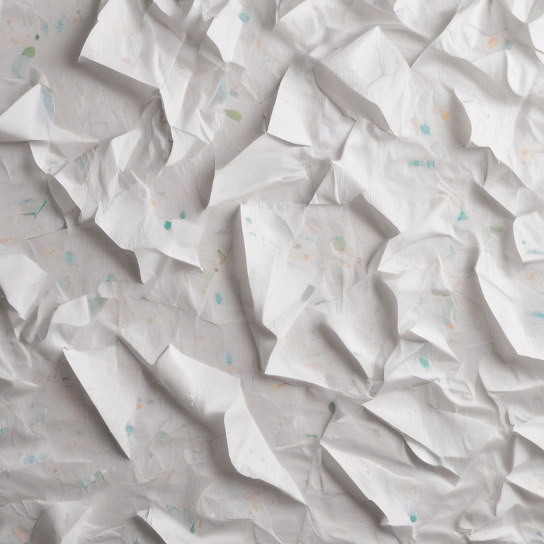 Crumpled White Paper Background with Subtle Colorful Specks and Texture.