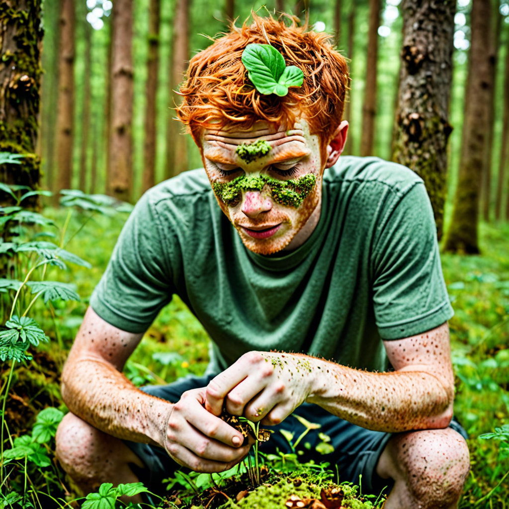 freckled ginger zoomer emo guy picking mushrooms out of a sloppy dung ...