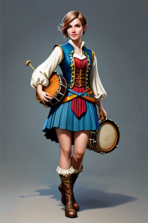 full body human female bard with bright clothing, short hair and ...
