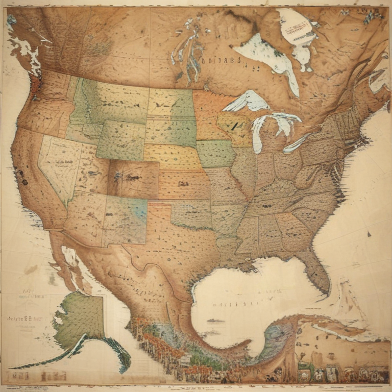 Historical Map of the United States Highlighting States and Geographic ...