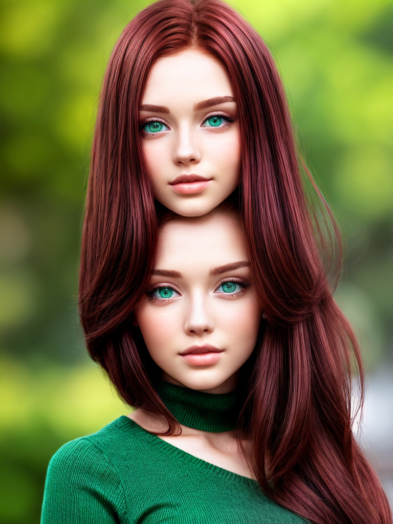 Dark red hair, almond eyes, emerald green eyes, female, pretty