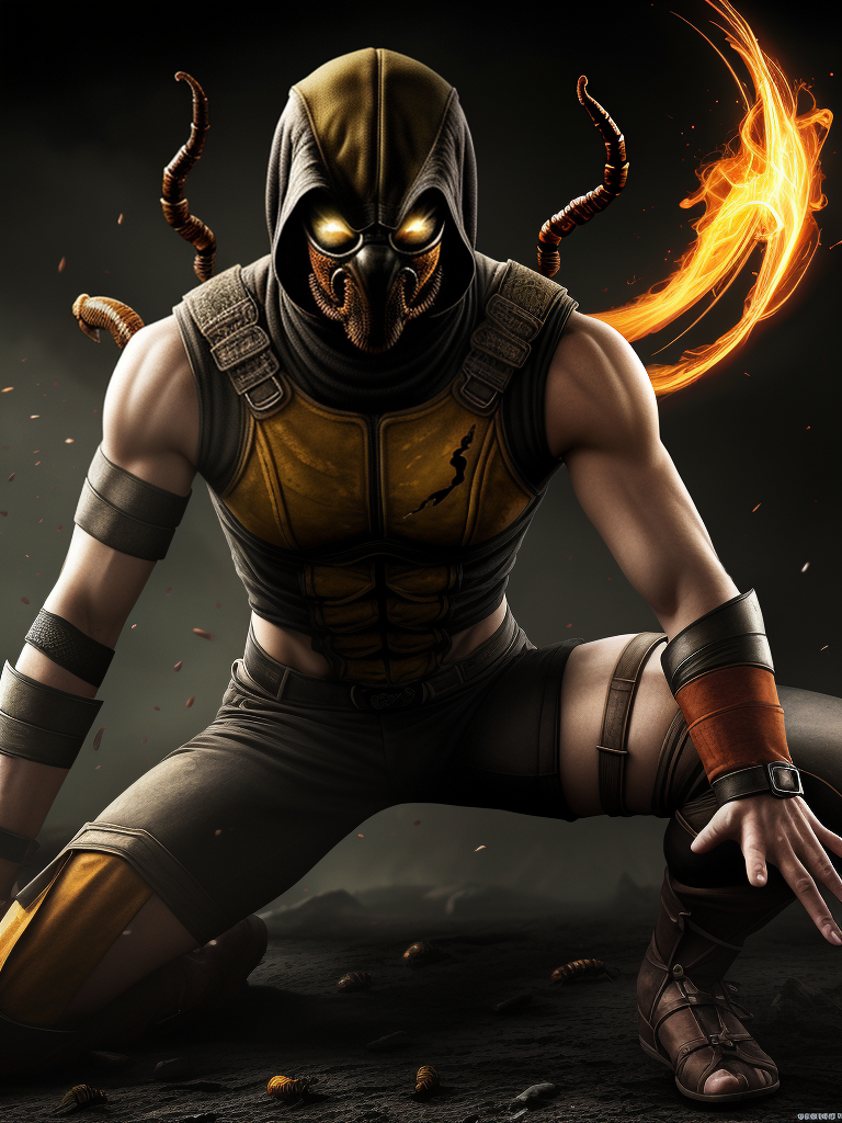 Dynamic Warrior in Dark Armor Readies for Battle with Fiery Blade