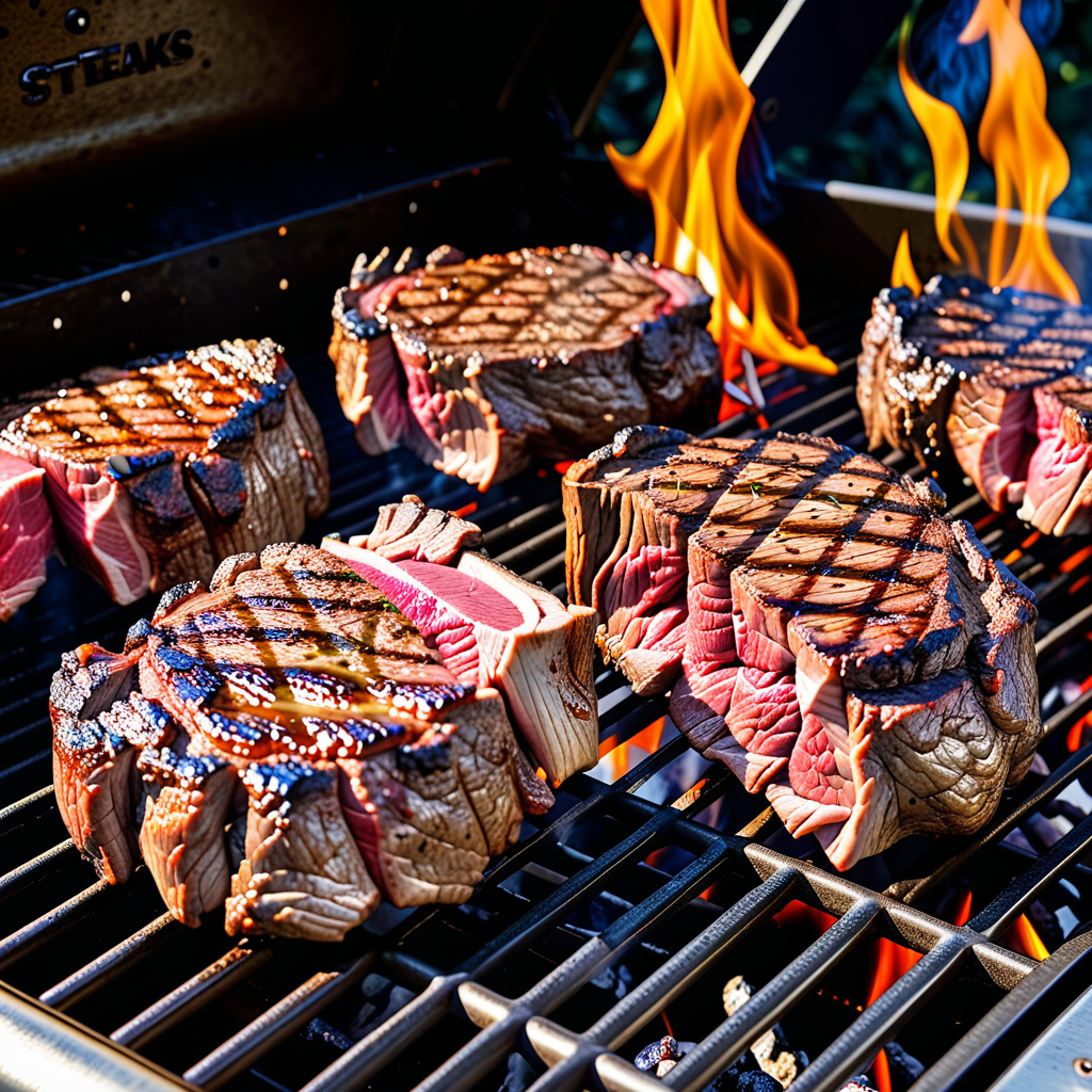 Deliciously Grilled Steaks Sizzling on the Barbecue with Flames Dancing
