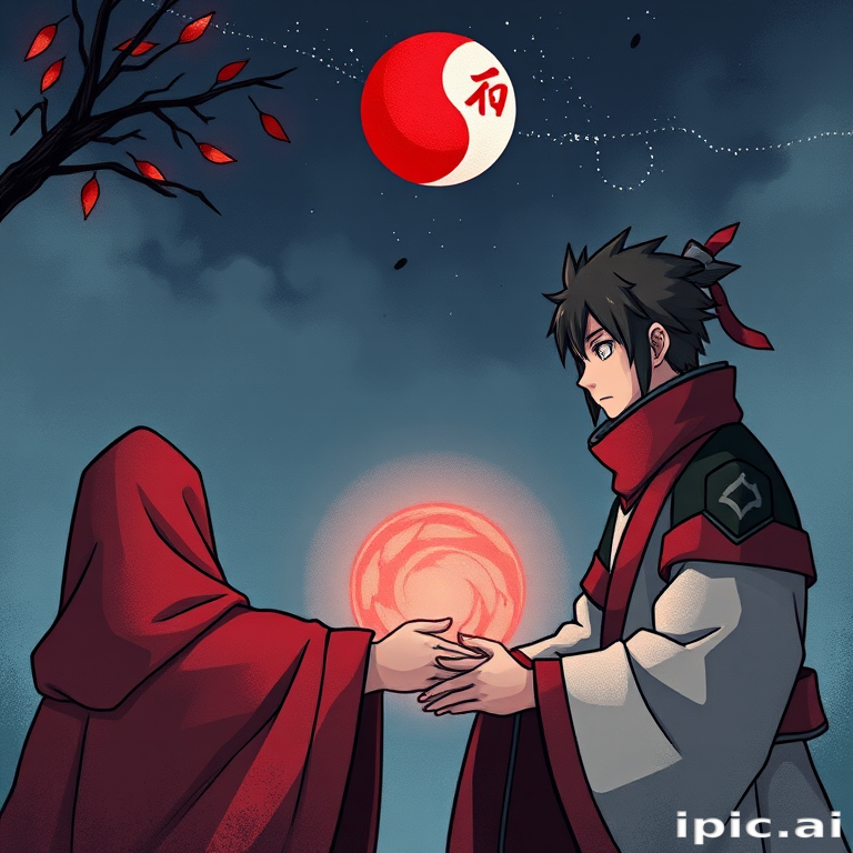 Two Figures Exchange Power Under a Red Moon and Falling Leaves