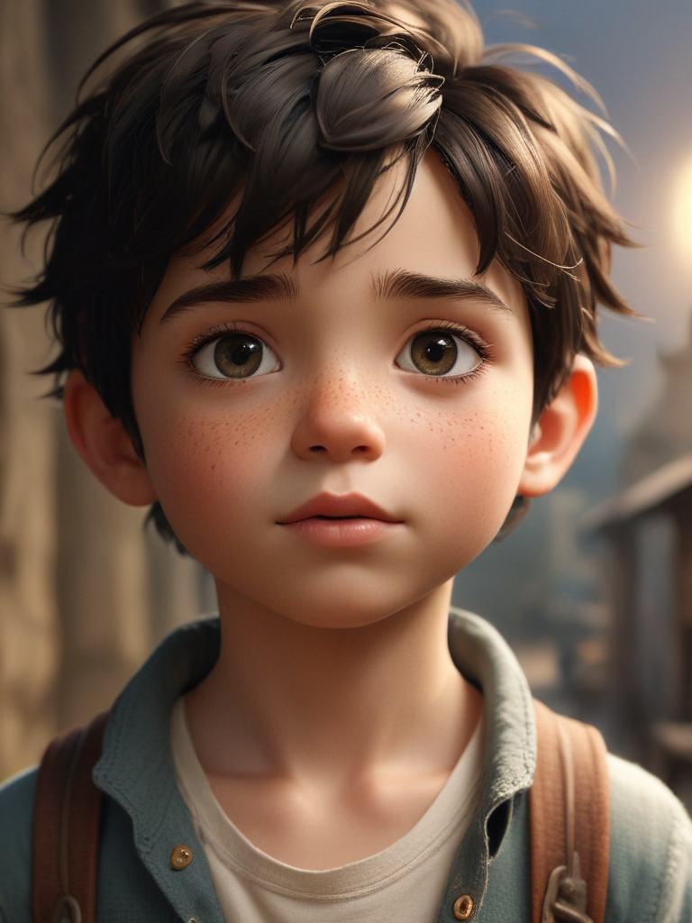 A Curious Young Boy with Freckles and a Backpack in a Serene Setting