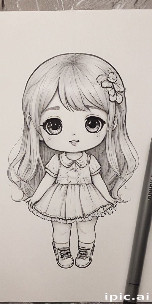 Charming Hand-Drawn Illustration of a Cute Girl with Long Hair