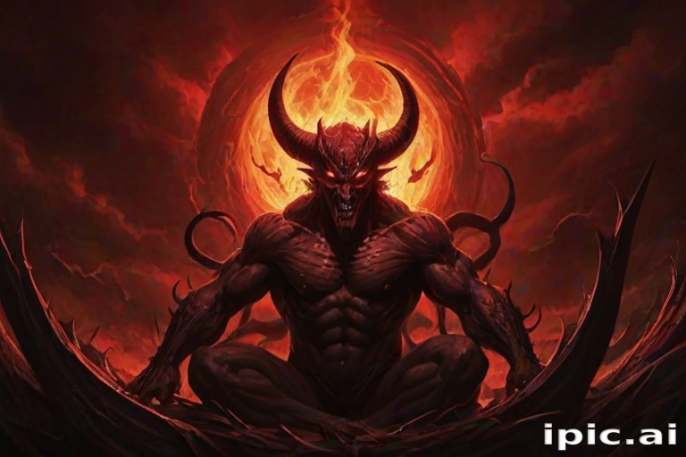 Majestic Demon Lord Sitting in Shadowy Flames of Eternal Darkness