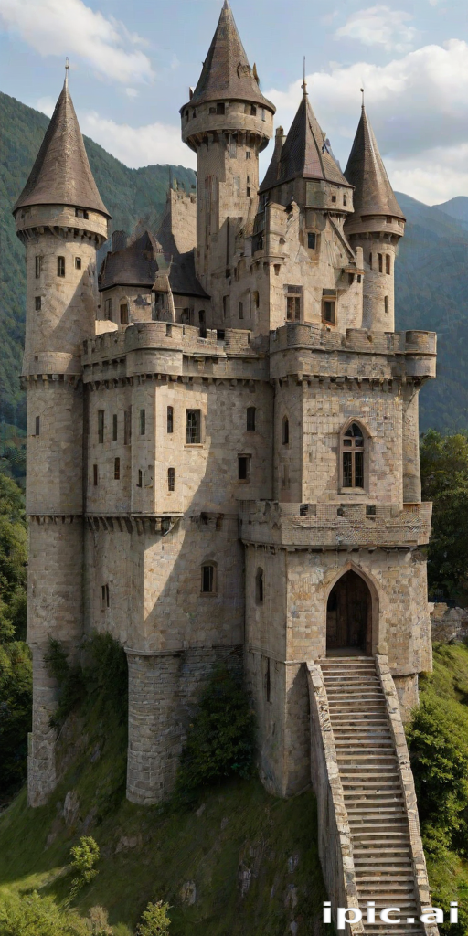 Majestic Stone Castle Surrounded by Lush Green Mountains and Trees
