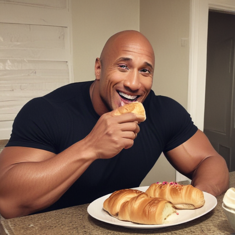 Dwayne Johnson the rock eating a croissants