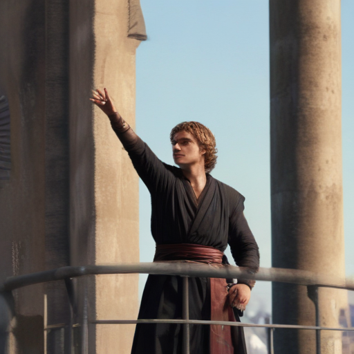Anakin Skywalker raising his hand whilst standing on a tower